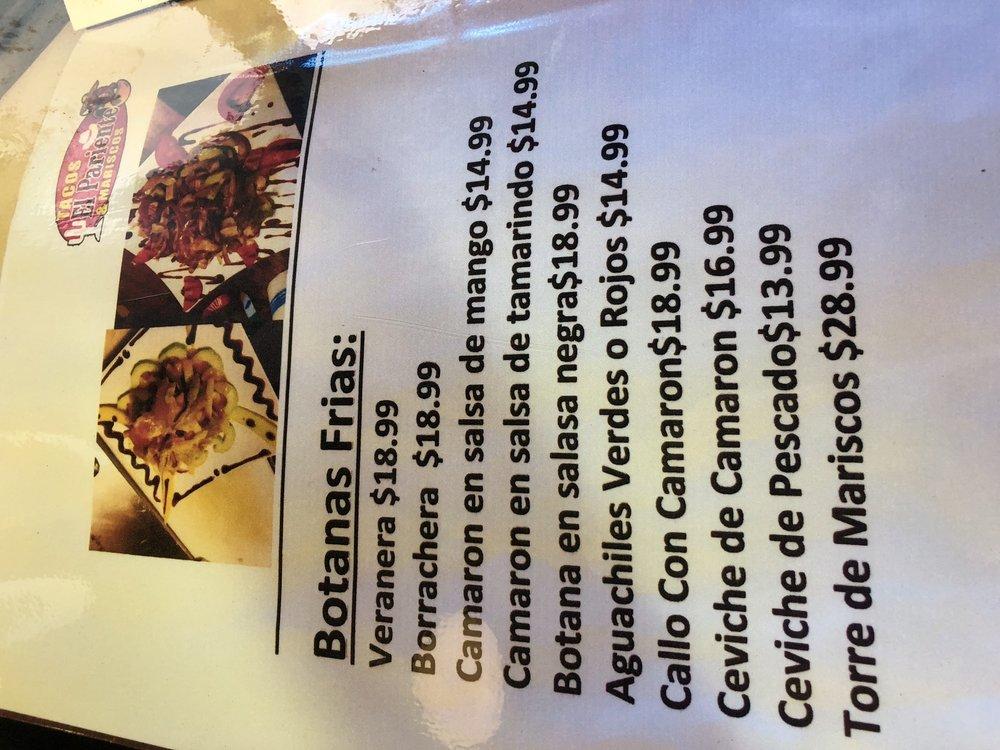 Menu at Tacos el Pariente y Mariscos #2 restaurant, Watsonville