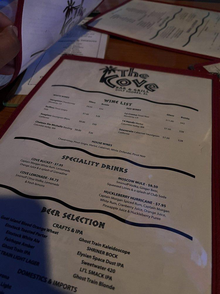 Menu at The Cove Bar and Grill, Gulf Shores