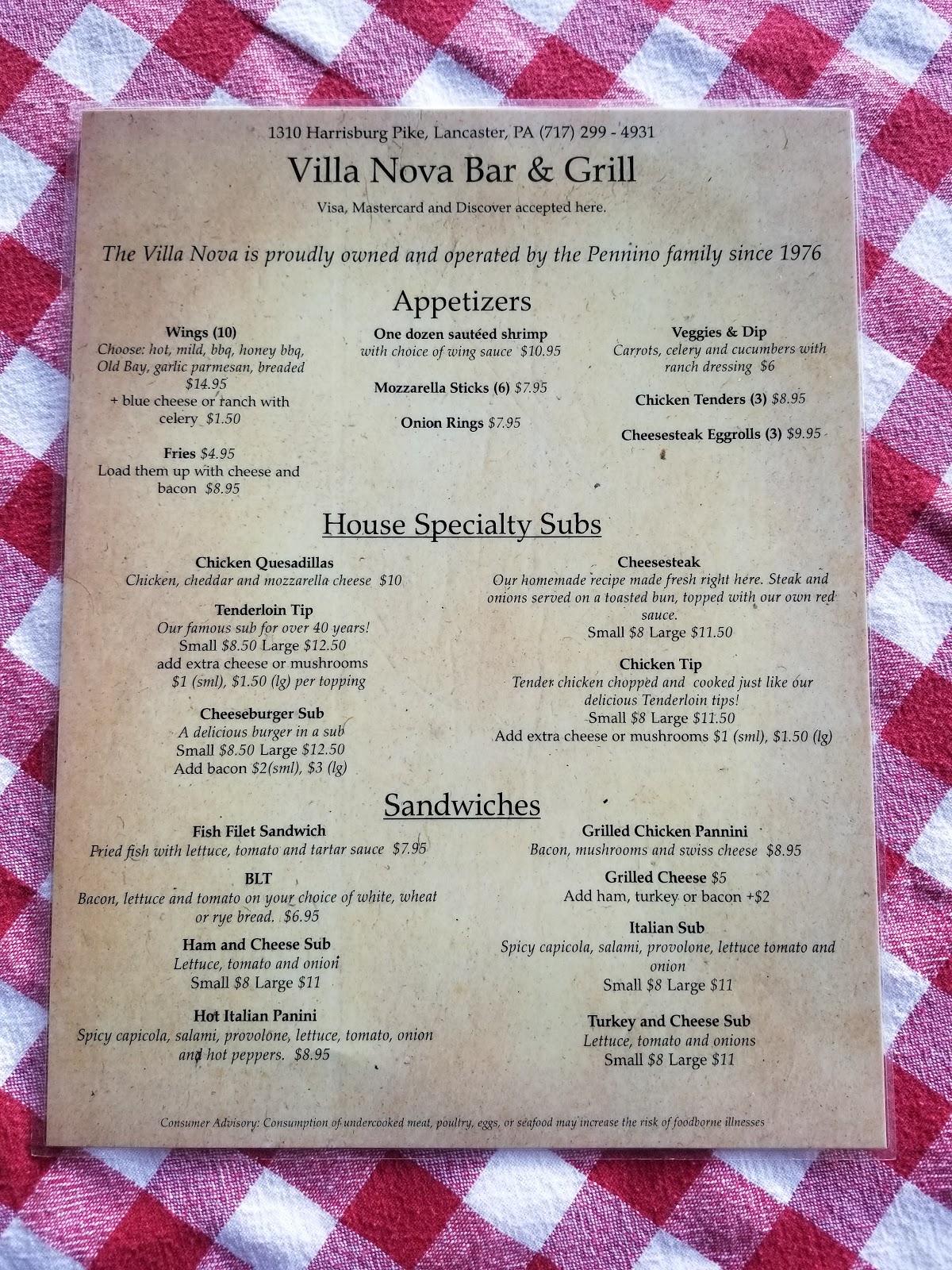 Menu at Villa Nova East pub & bar, Lancaster, Harrisburg Ave