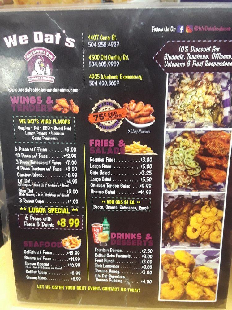 Menu at We Dat's restaurant, New Orleans, Canal St