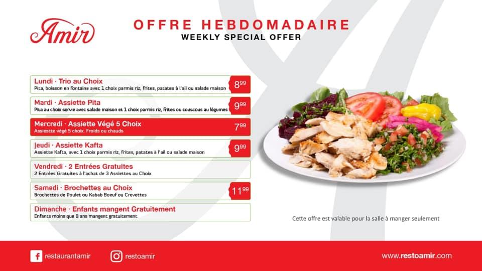 Menu au Amir restaurant, Mascouche