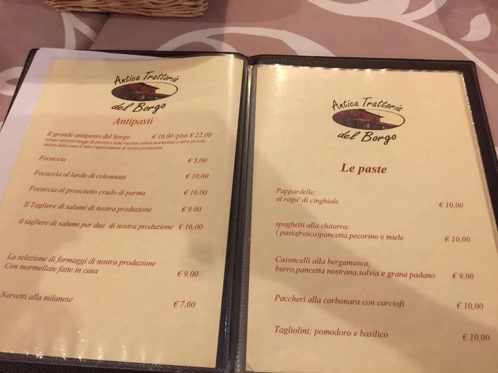 Menu at Antica Trattoria del Borgo restaurant, San Giuliano Milanese
