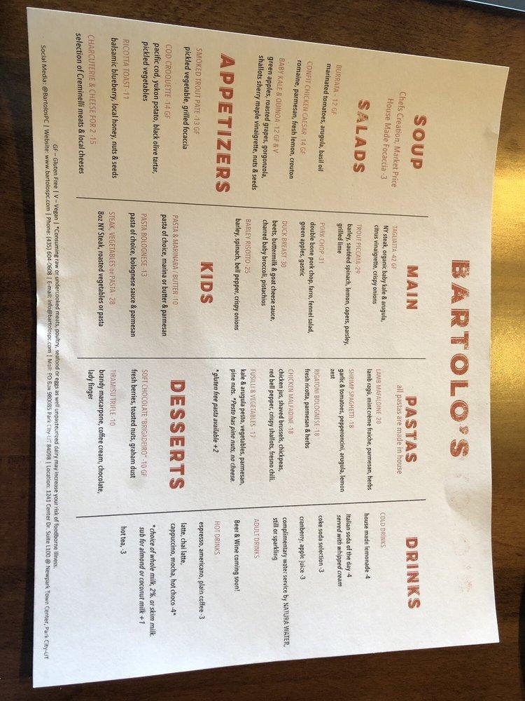 Menu at Bartolo's Park City, Park City