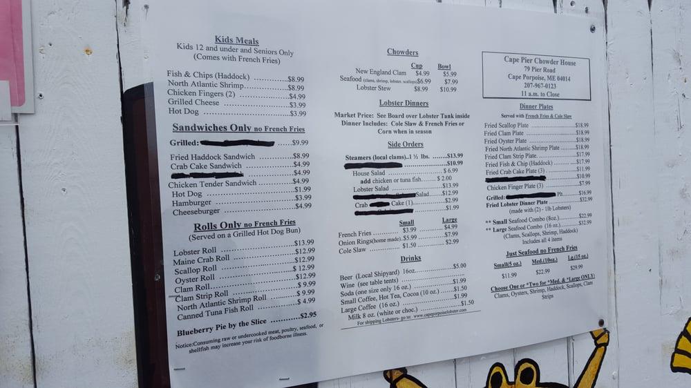 Menu at Cape Pier Chowder House restaurant, Kennebunkport