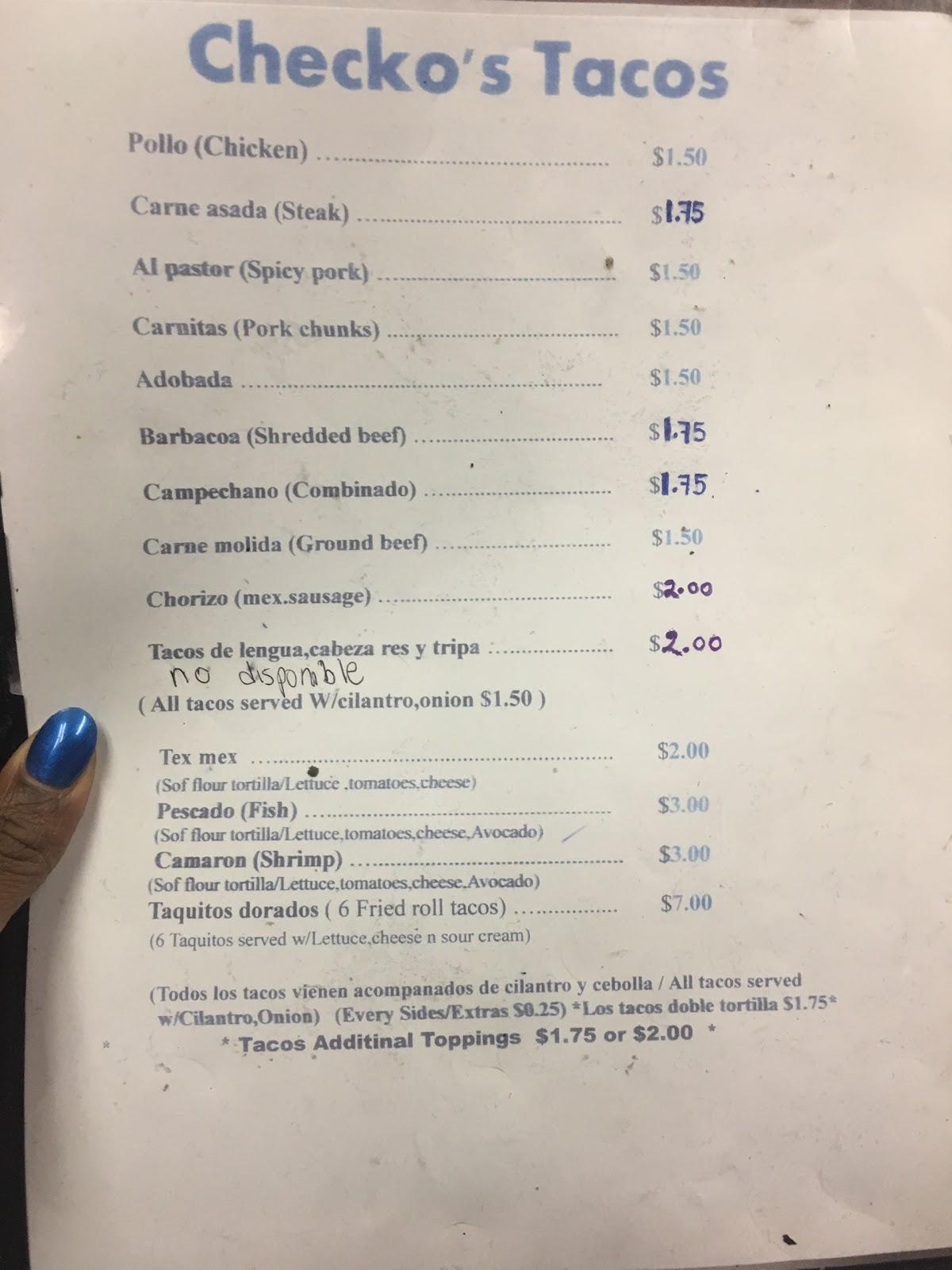 Menu at Don Checko's Mexican restaurant, Chambersburg