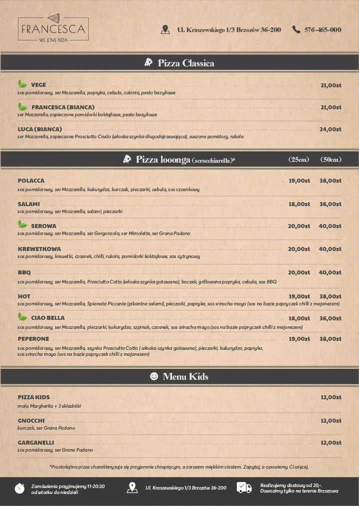 Menu at Francesca Pizzeria, Brzozów