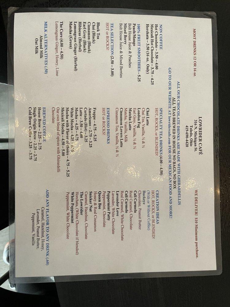 Menu at Lowrider Cafe, Toledo
