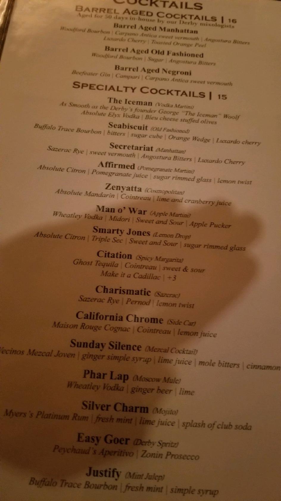 Menu at The Derby steakhouse, Arcadia