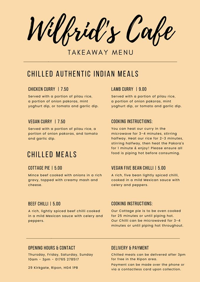 Menu at Wilfrid's Cafe, Ripon
