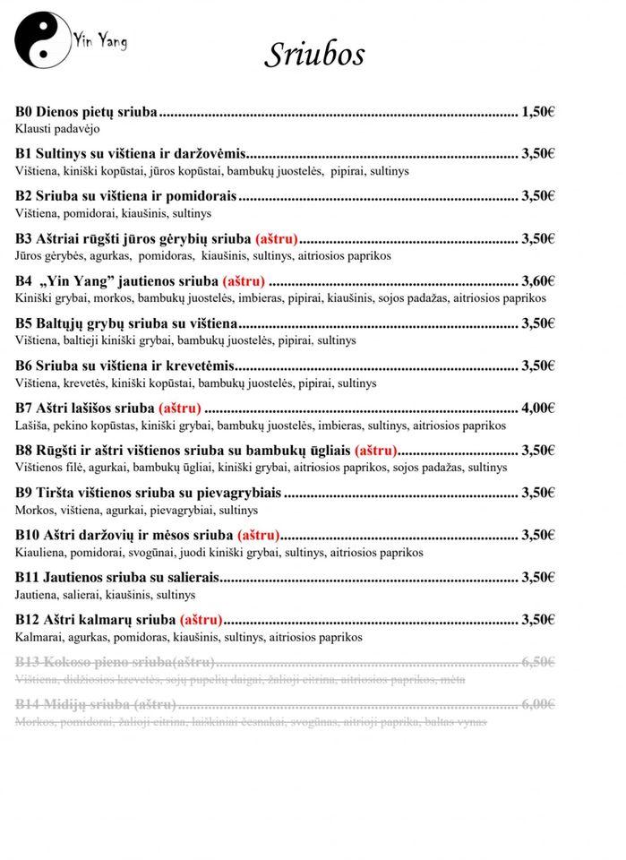 Menu at Yin Yang restaurant, Kėdainiai