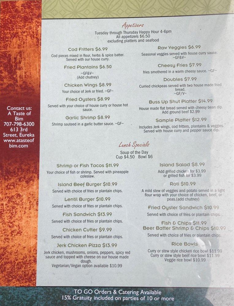 Menu at A Taste of Bim Caribbean Cuisine desserts, Eureka