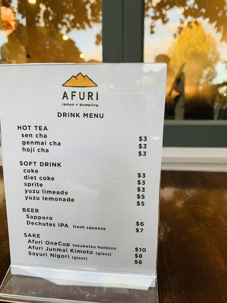 Menu at AFURI ramen + dumpling Mountain View restaurant, Mountain View