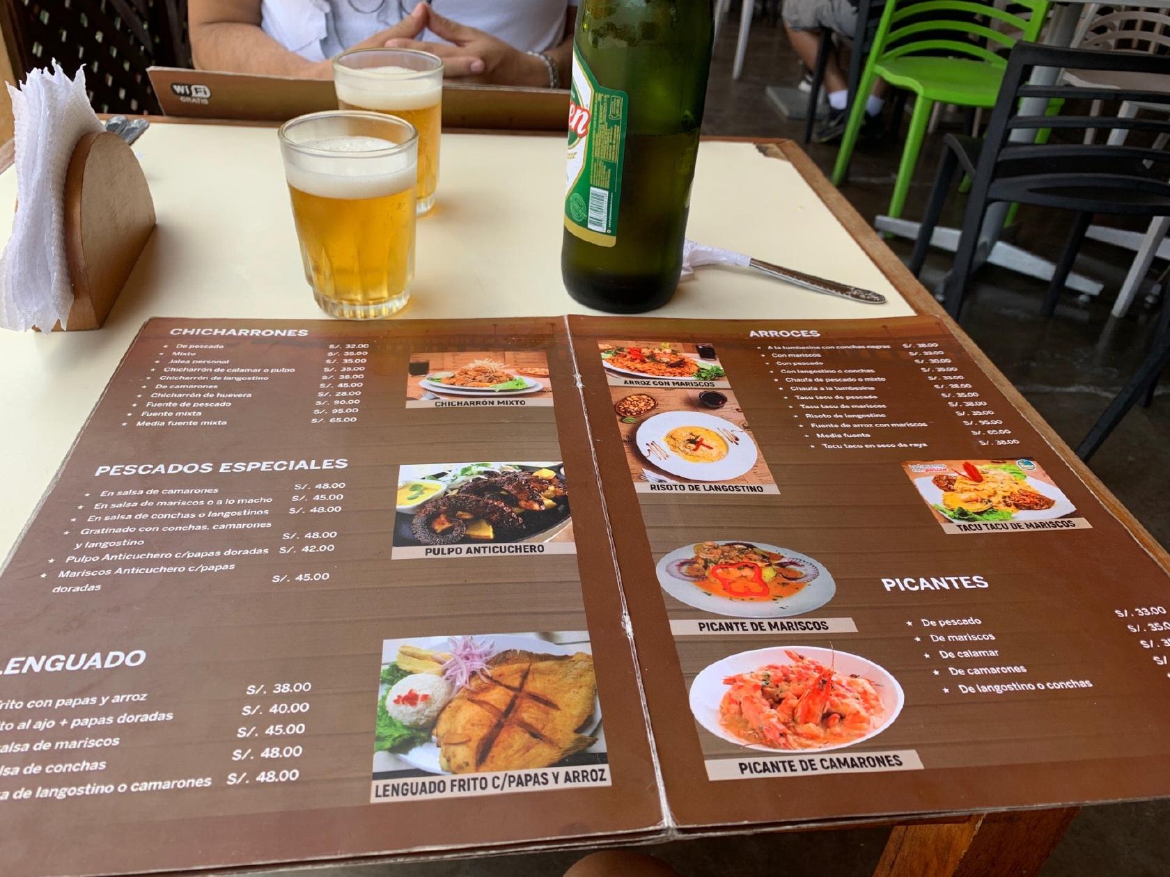 Menu at El Muelle restaurant, Barranco District, Calle Cavero No. 225