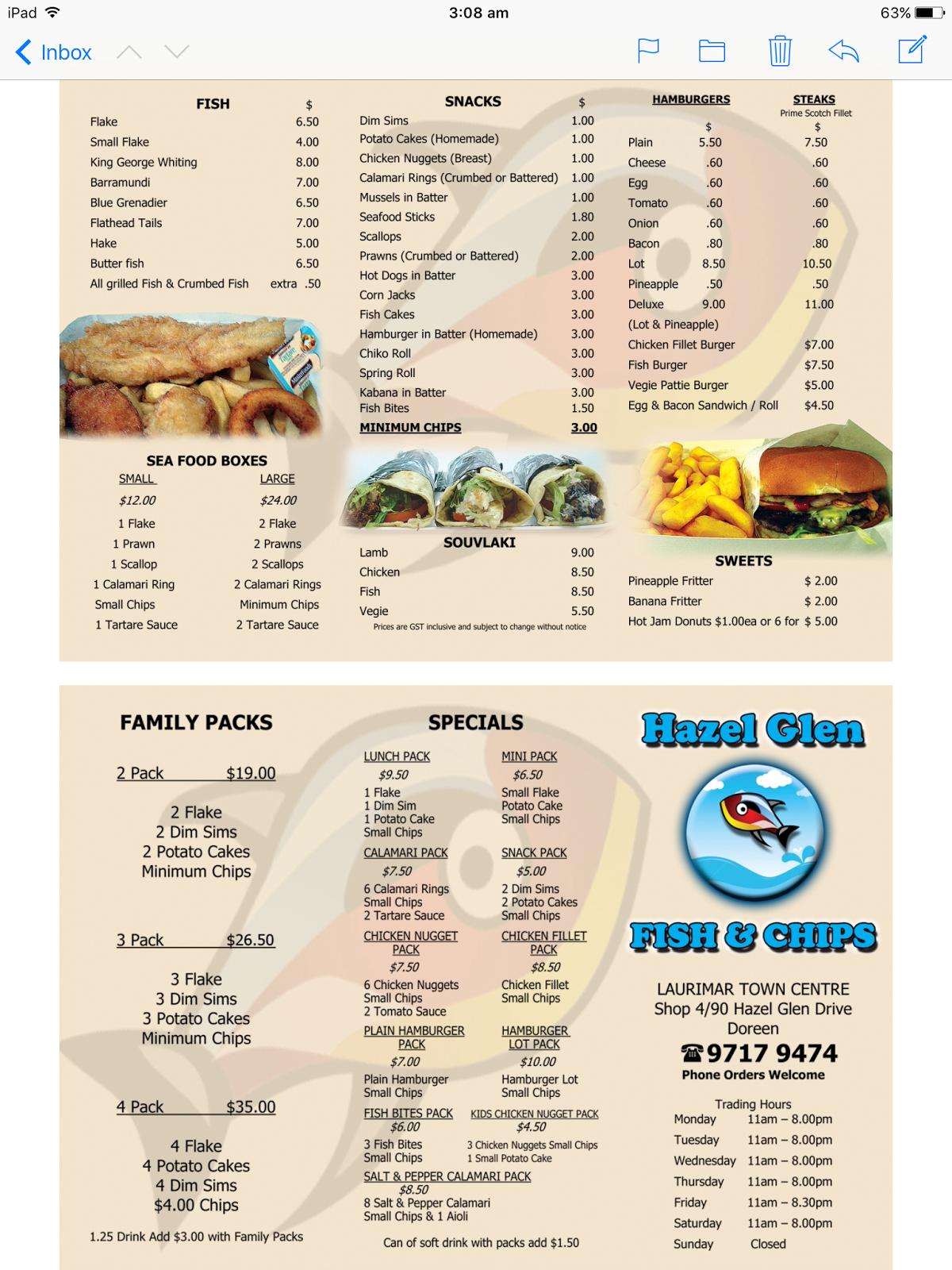 Carta del restaurante Hazel Glen Fish & Chips, Doreen