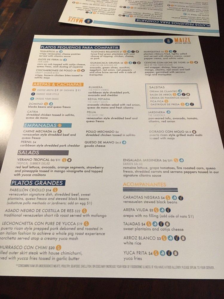 Menu at MAIZE pub & bar, Cincinnati