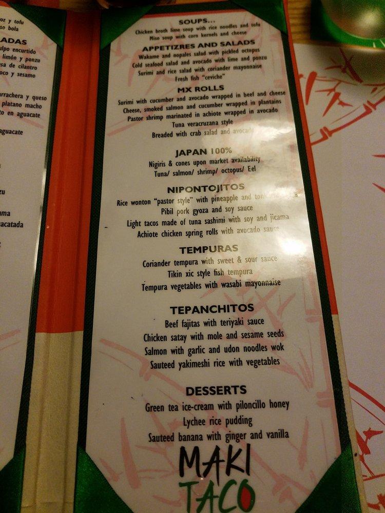 Menu at Maki Taco restaurant, Cancún, Boulevard Kukulcan Kilometro 4.5