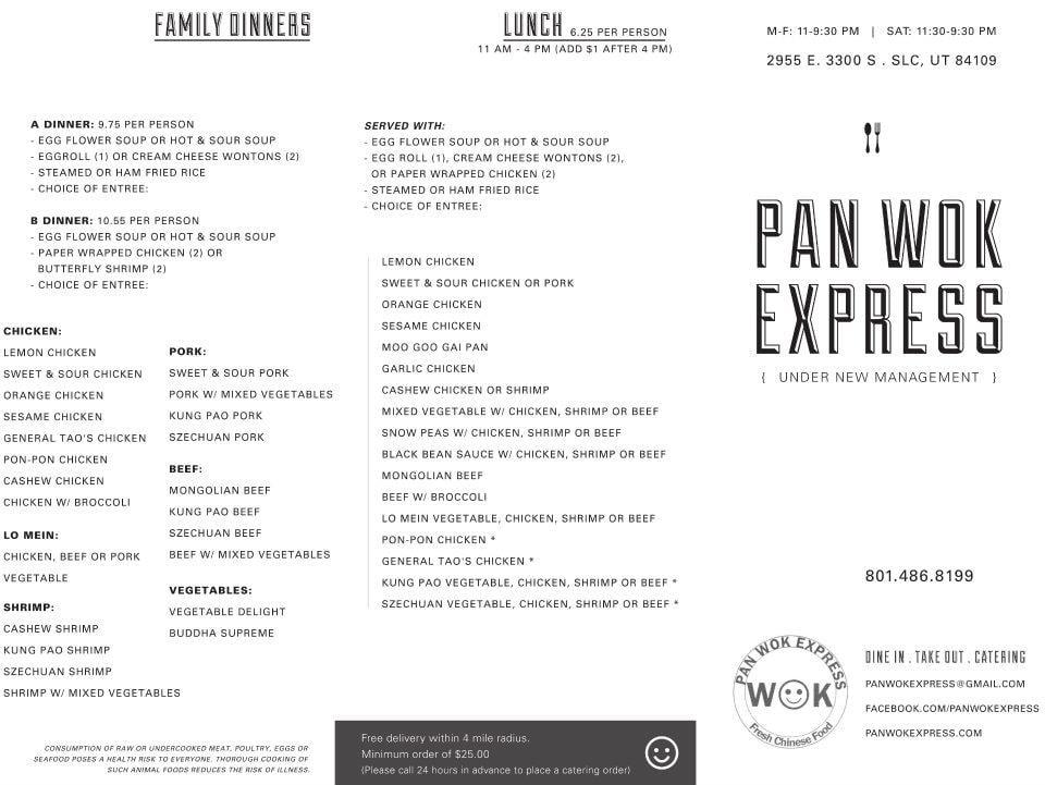 Menu at Pan Wok restaurant, Salt Lake City