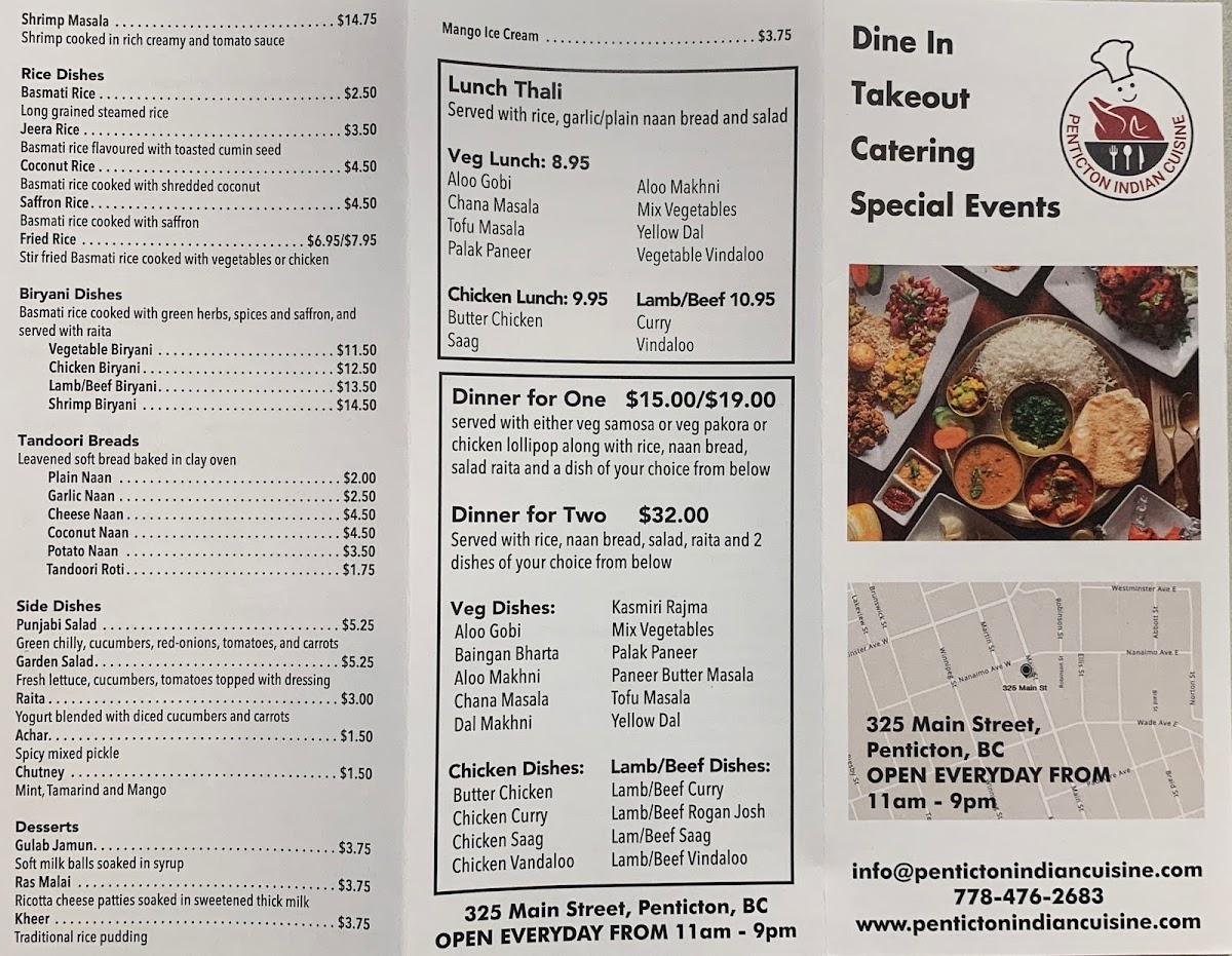 Menu at Penticton Indian Cuisine restaurant, Penticton