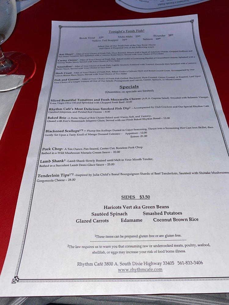 Menu at Rhythm Cafe, West Palm Beach