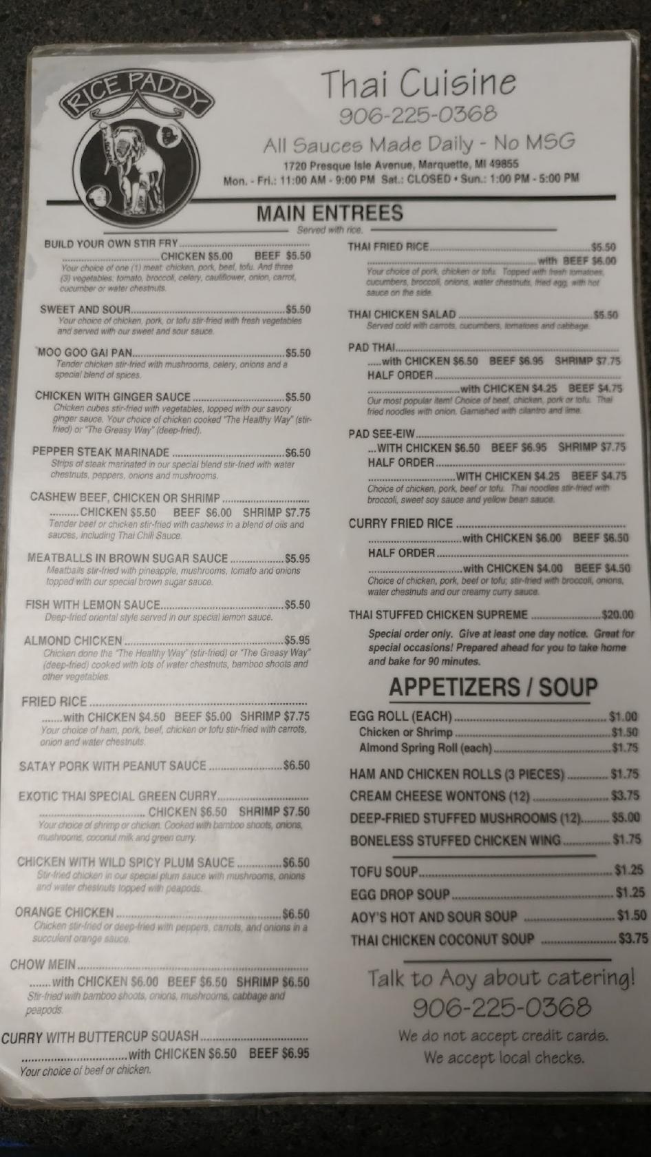 Menu at Rice Paddy restaurant, Marquette