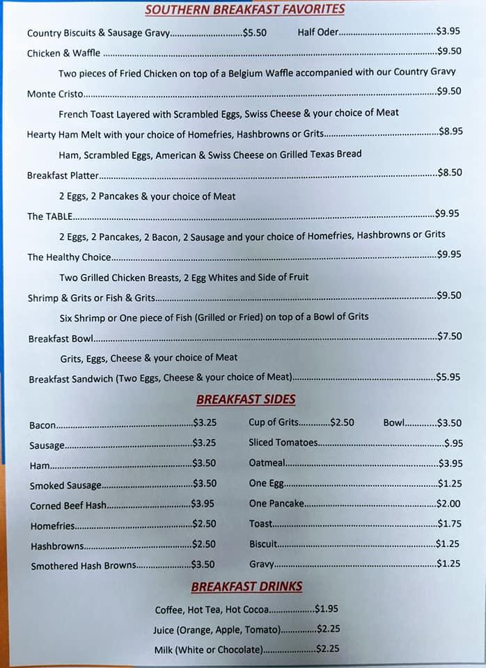 Menu at The Southern Table restaurant, Bunnell