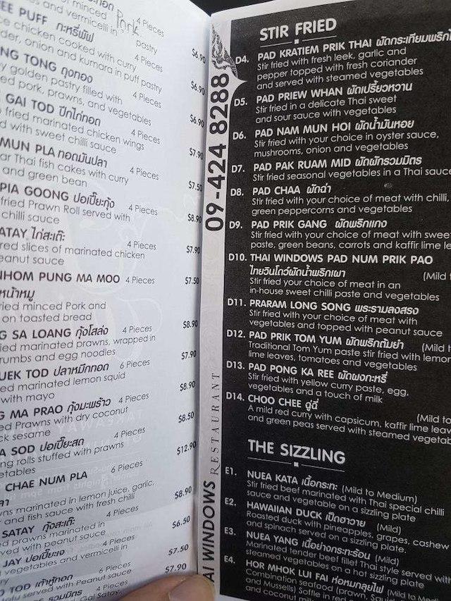 Menu at Thai Windows Restaurant and Takeaways, Auckland
