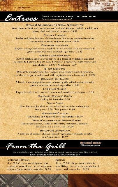 Menu at The Goose & Gridiron pub & bar, Merrickville-Wolford