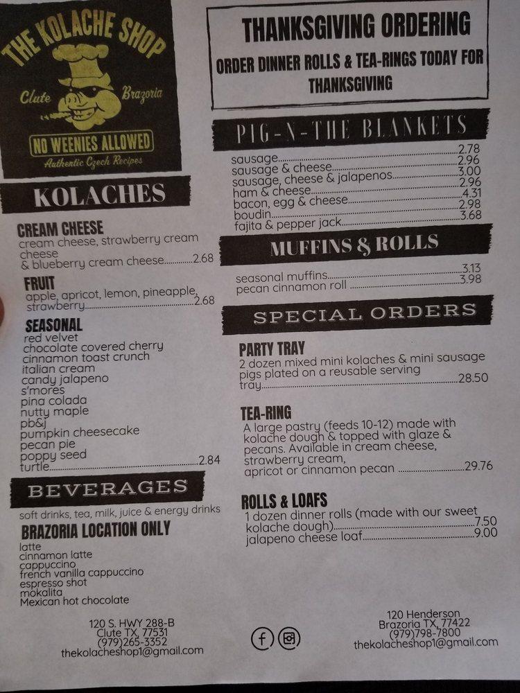 Menu at The Kolache Shop restaurant, Clute, 120 Brazosport Blvd N