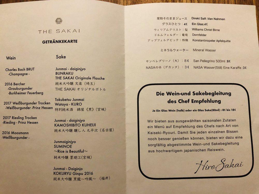 Menu at The Sakai restaurant, Frankfurt, Hedderichstraße 69