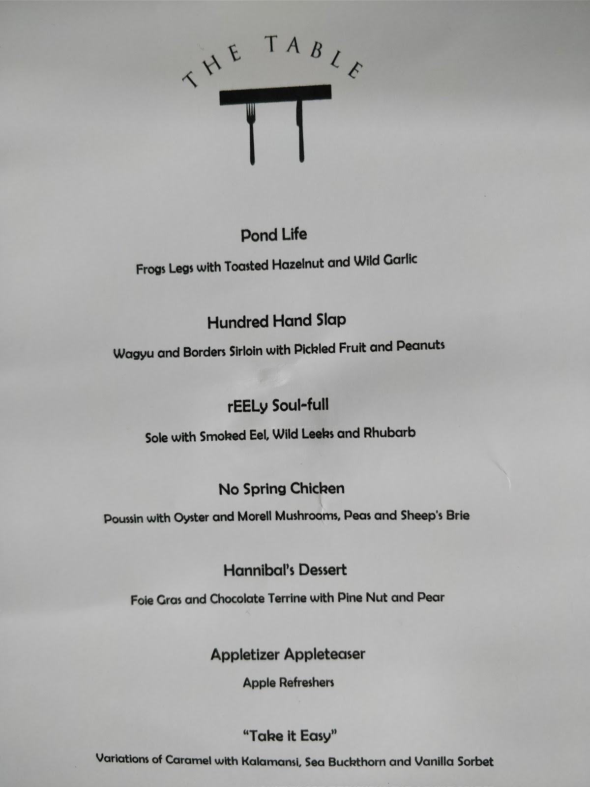 Menu at The Table restaurant, Edinburgh