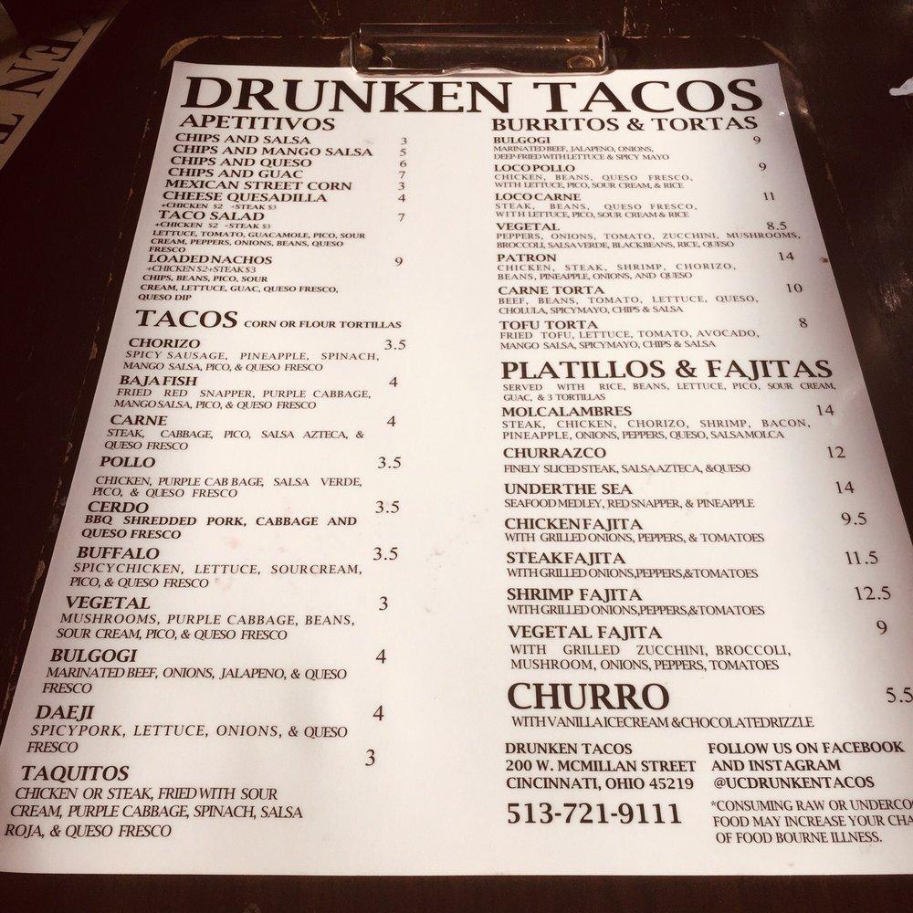 Menu at Drunken Tacos restaurant, Cincinnati