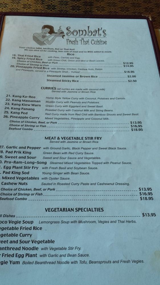 Menu at Sombat's Fresh Thai Cuisine restaurant, Hilo