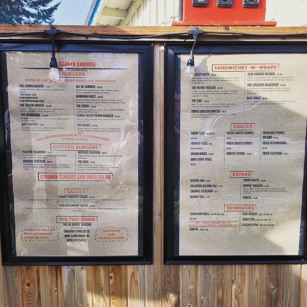 Menu at The Corner Caboose restaurant, Port Angeles