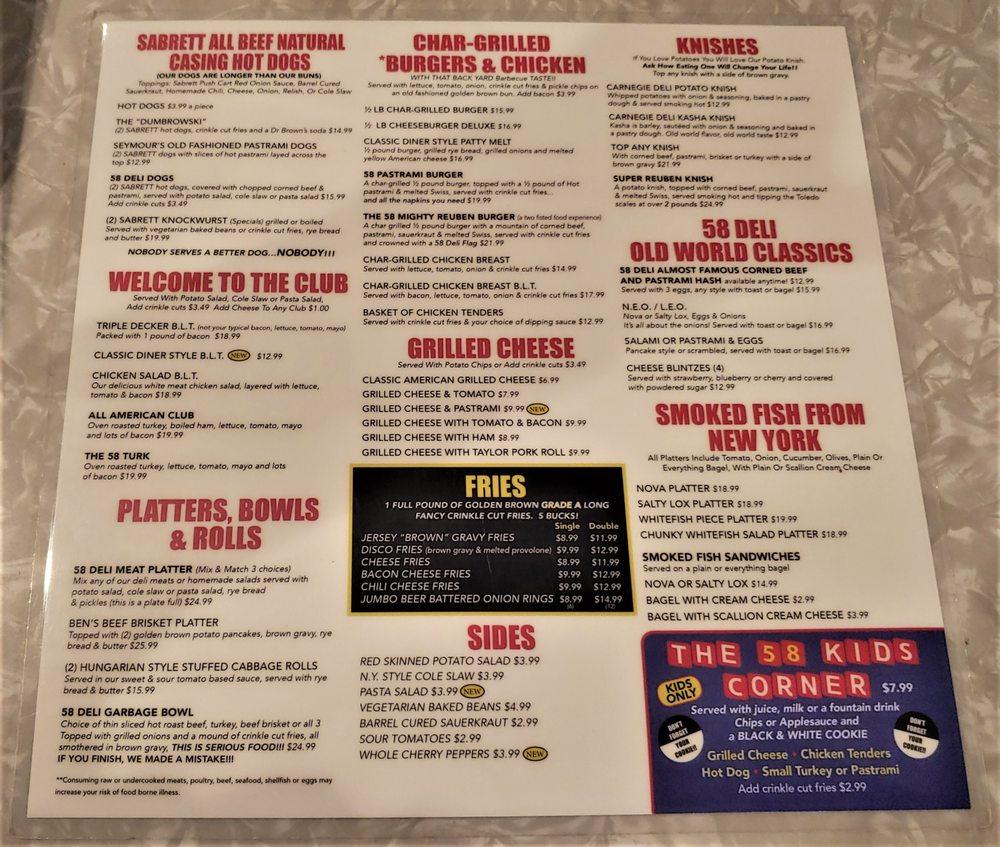 Menu at The Route 58 Deli restaurant, Virginia Beach