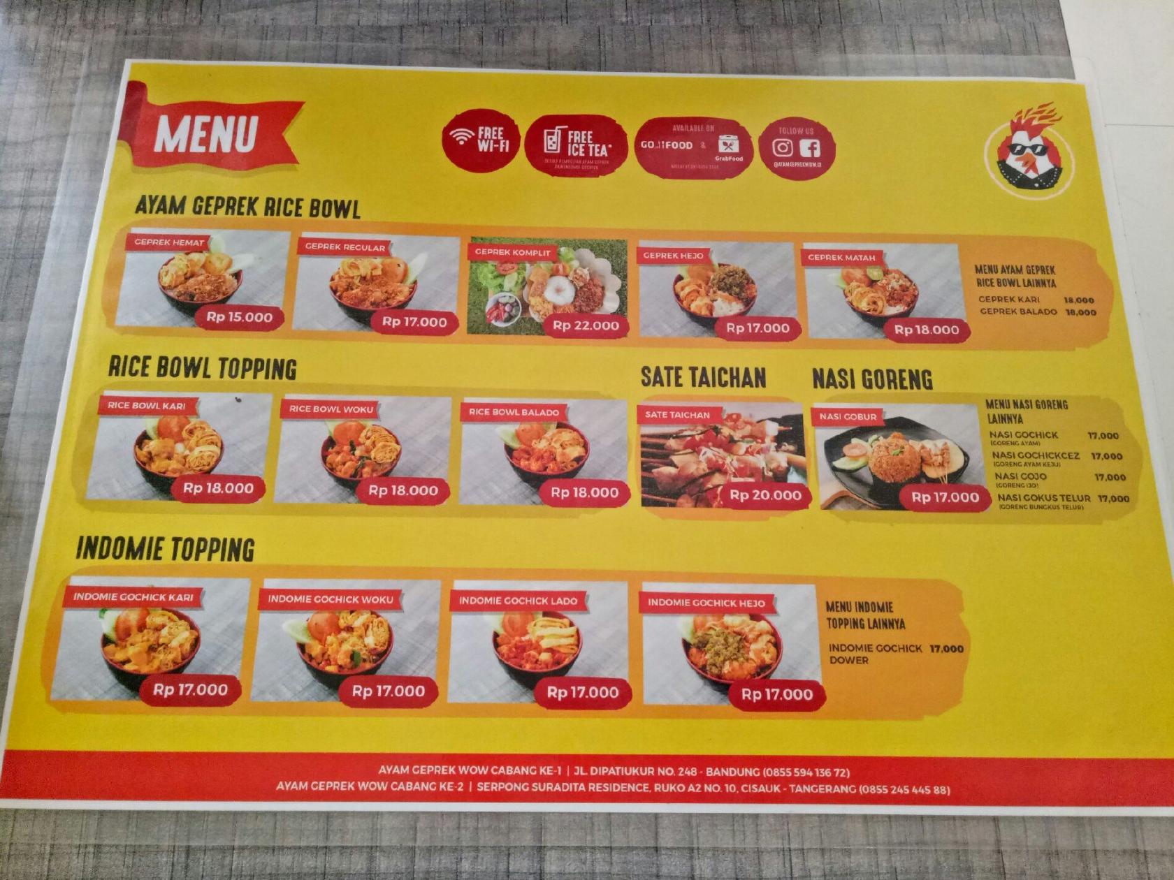 Menu at Ayam Geprek Wow restaurant, Cisauk