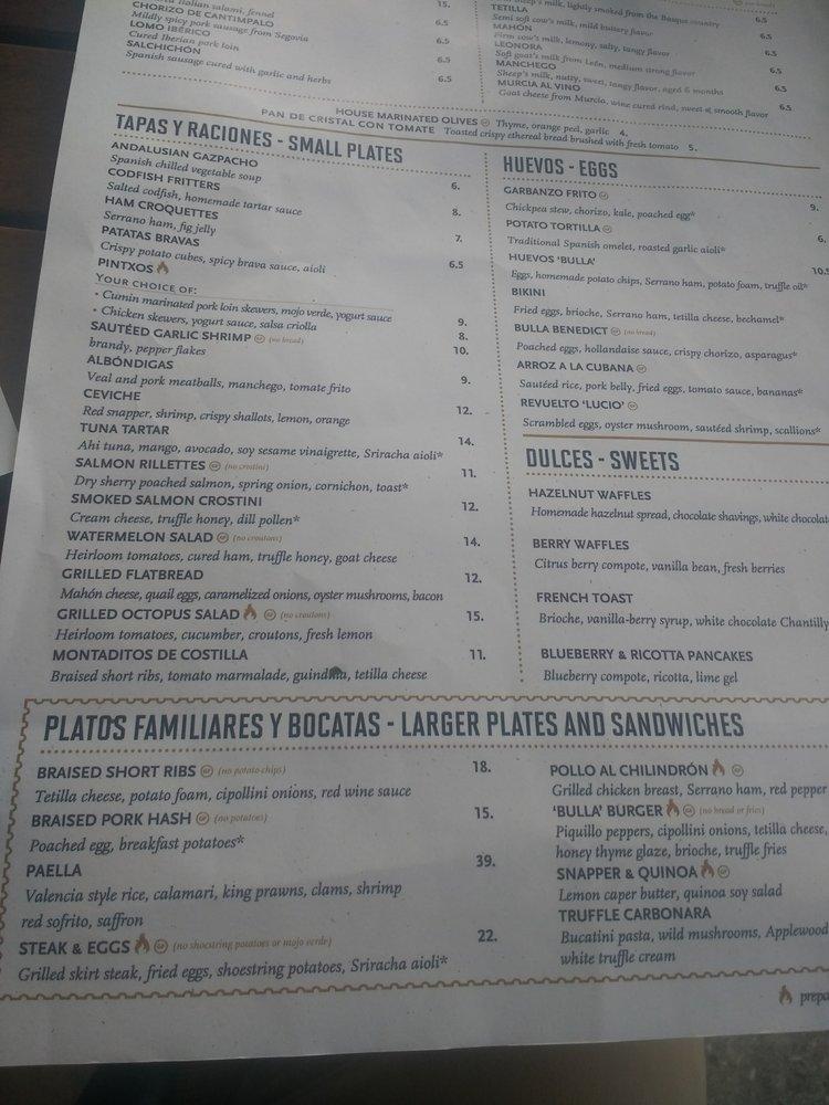 Menu at Bulla Gastrobar, Winter Park