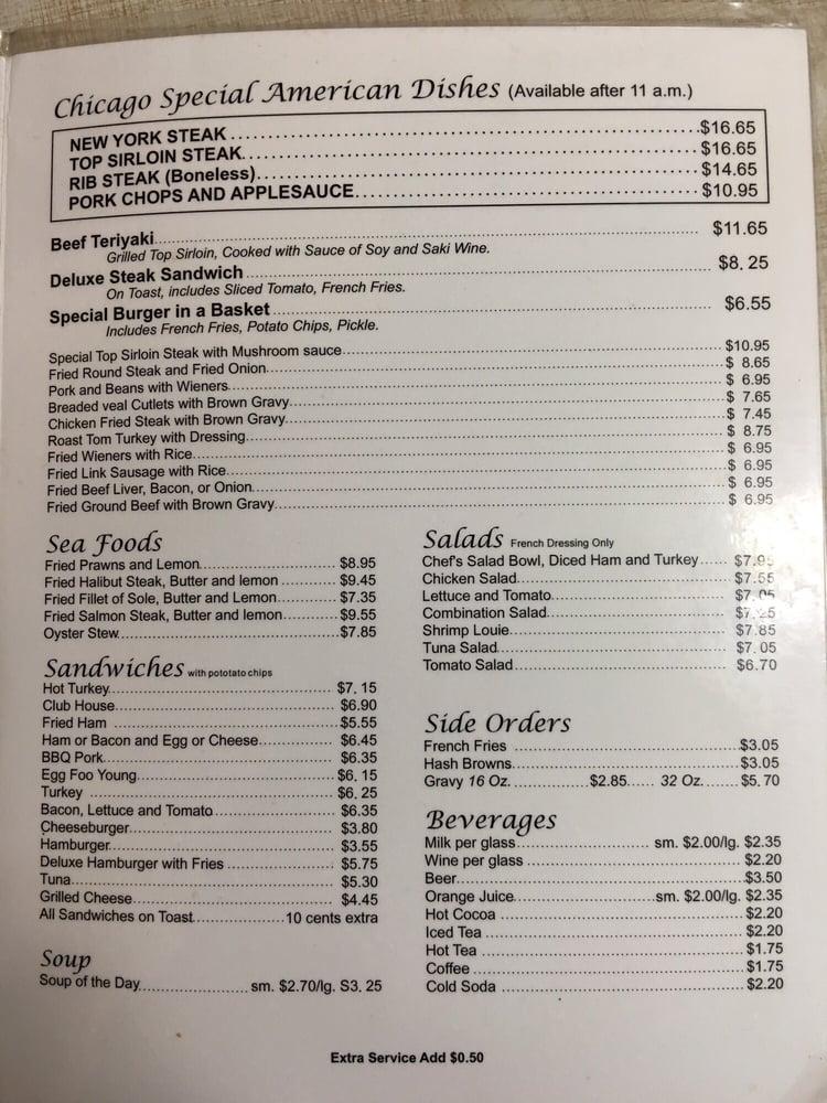 Menu at Chicago Café restaurant, Woodland
