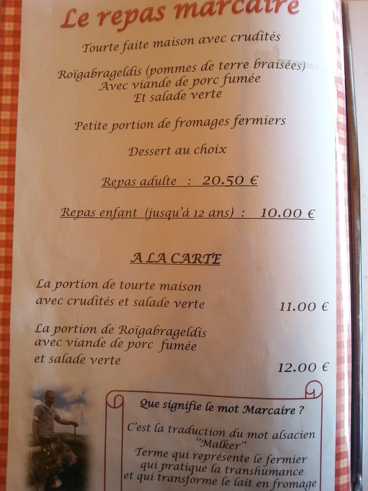 Menu au Ferme Auberge du Treh Le Markstein restaurant, Kruth, Le Markstein