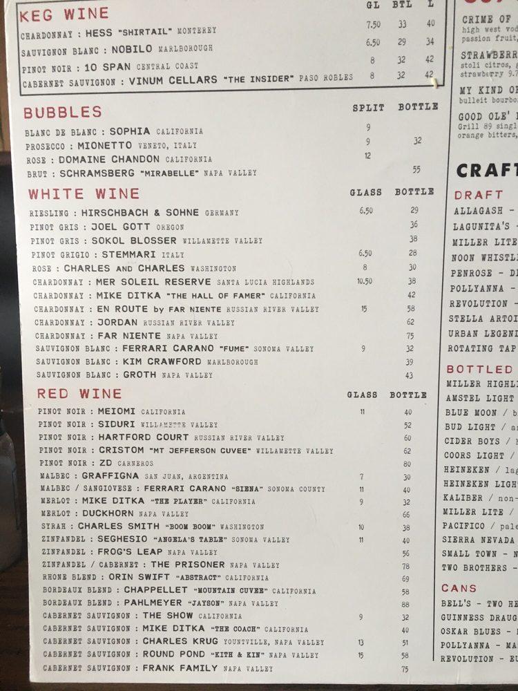 Menu at Grill 89 pub & bar, Westmont