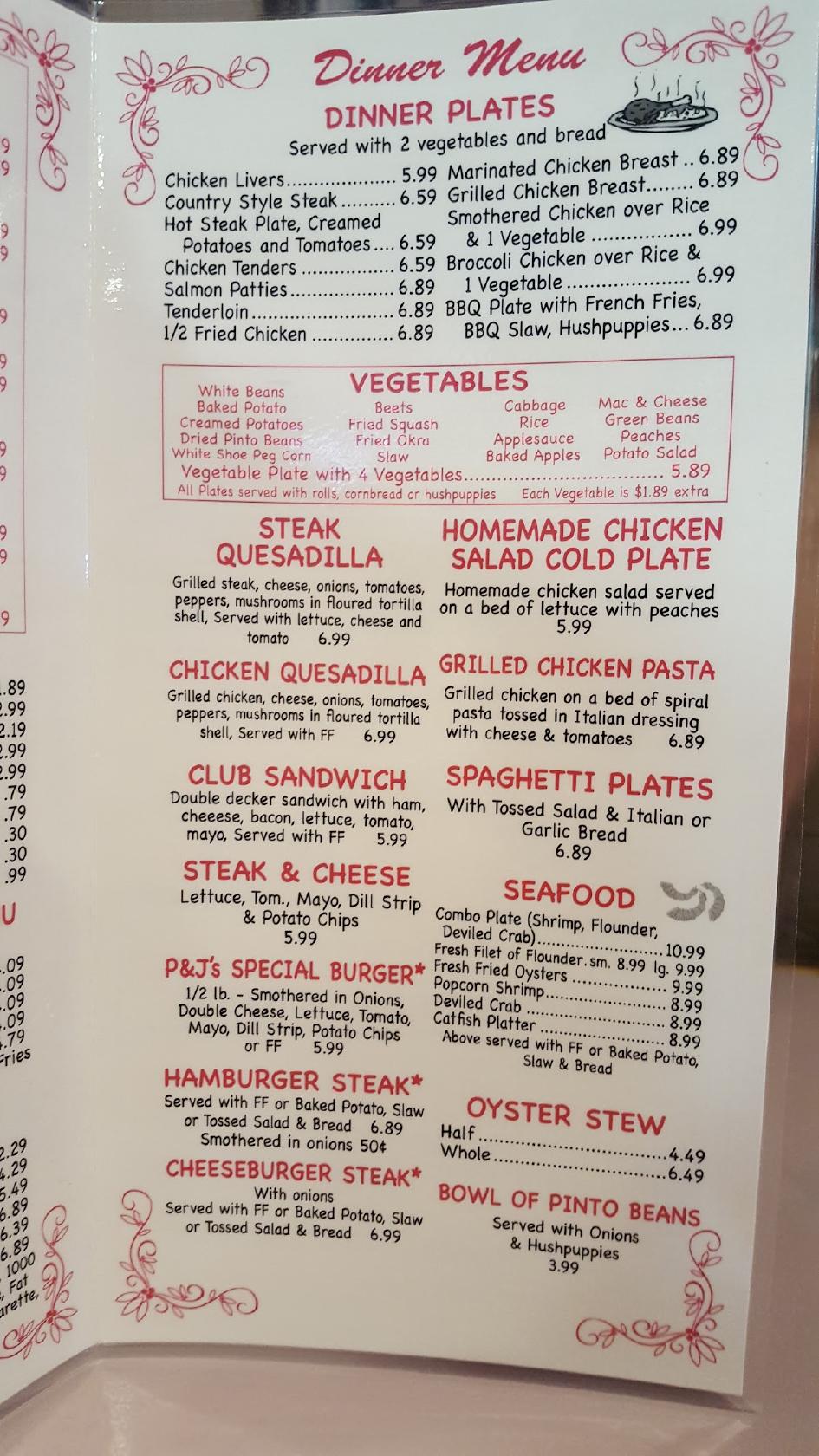 Menu at P & J's Diner restaurant, Asheboro