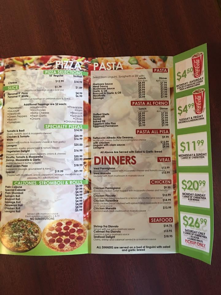 Carta de pizzería Pisa Pizza, Orlando