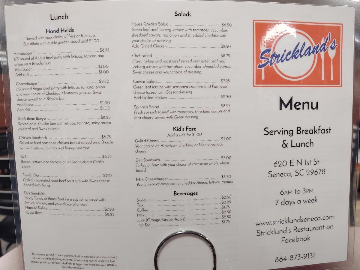 Menu at Strickland's restaurant, Seneca