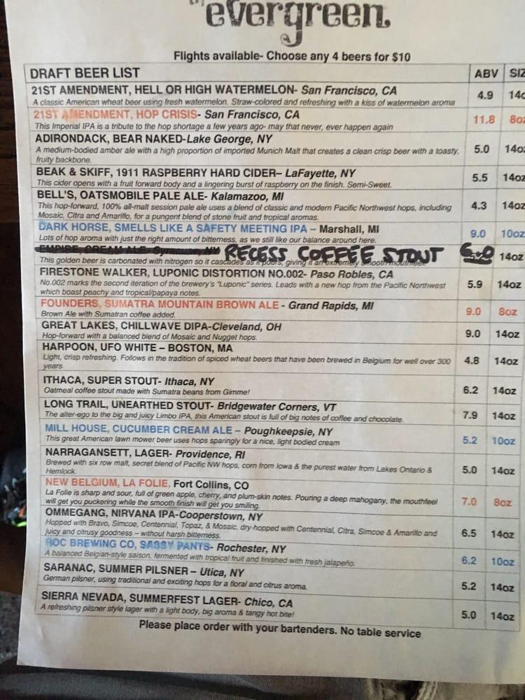 Menu at The Evergreen pub & bar, Syracuse