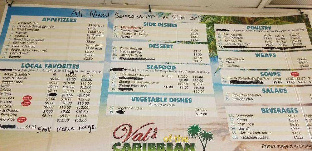 Menu at Val's Of The Caribbean restaurant, Columbus, Refugee Rd