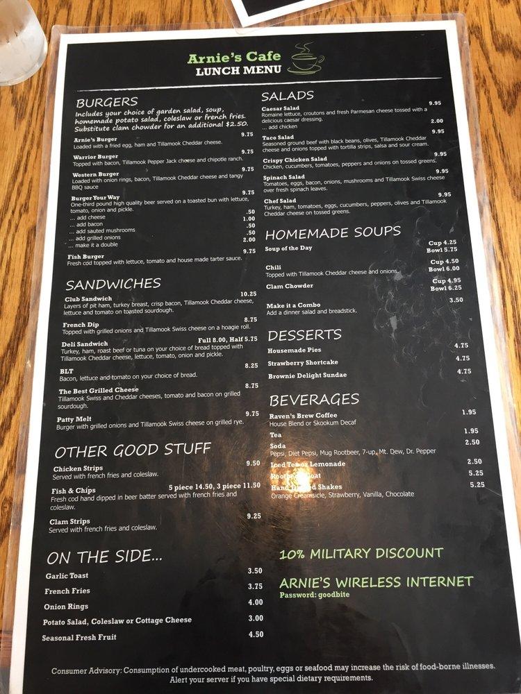 Menu at Arnie's Cafe, Warrenton
