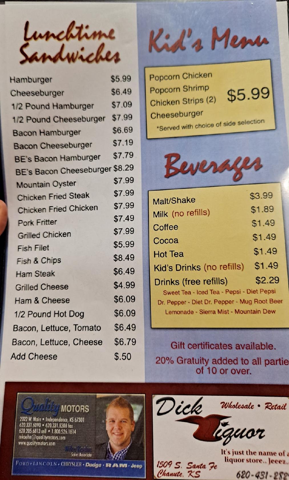 Menu at Big Ed's Steak House steakhouse, Thayer, 611 N Galveston St