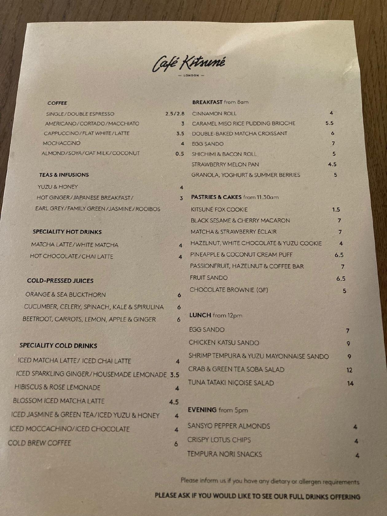 Menu at Café Kitsuné London cafe, London