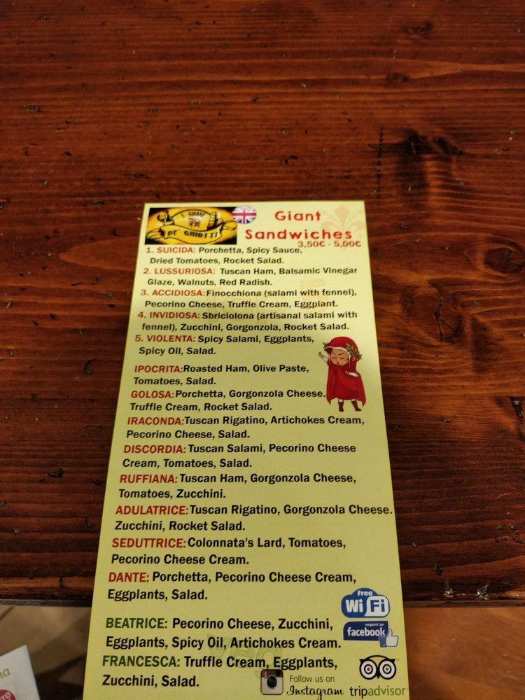 Menu at I' Girone De' Ghiotti fast food, Florence