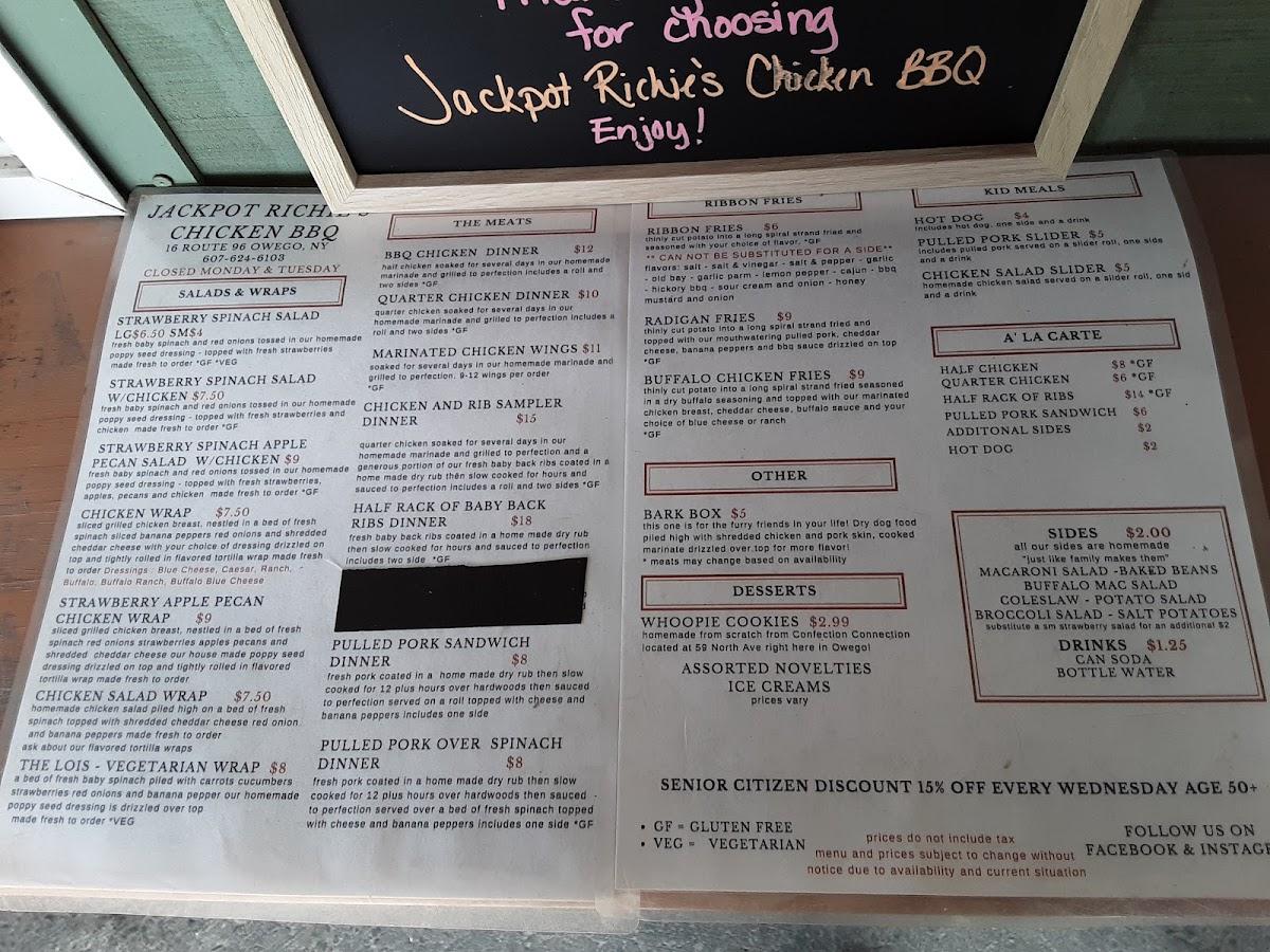 Menu at Jackpot Richie's BBQ, Owego