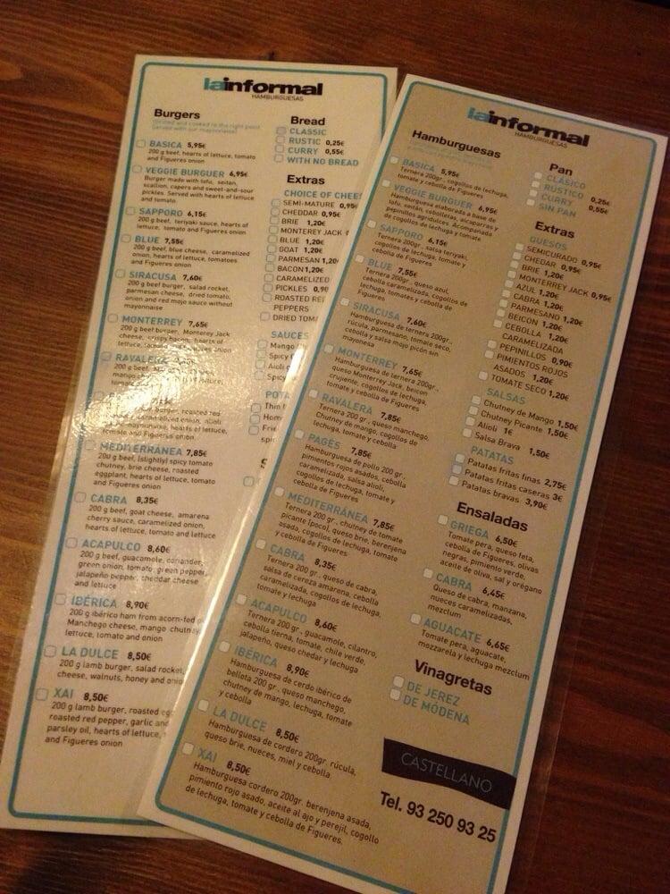 Menu at La Informal restaurant, Barcelona